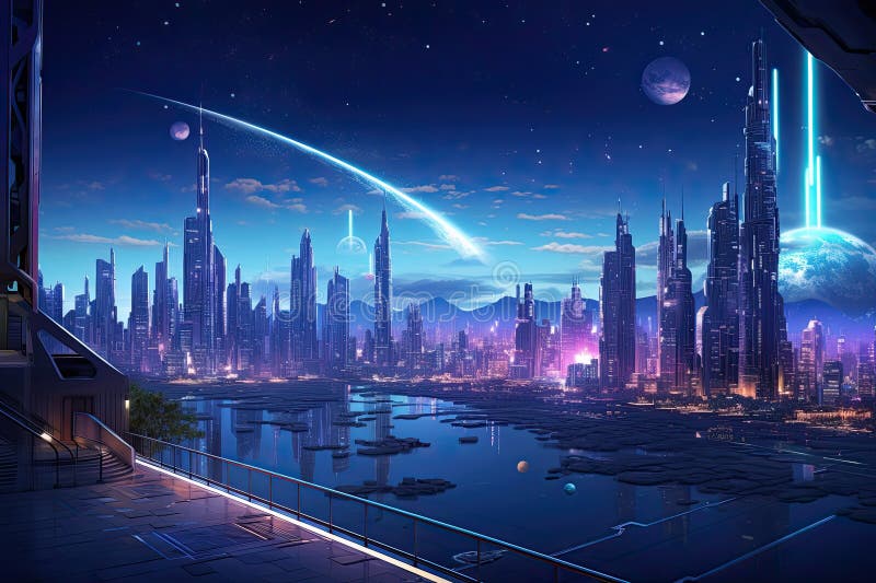 Futuristic City at Night with Full Moon. 3D Rendering, AI Generated ...