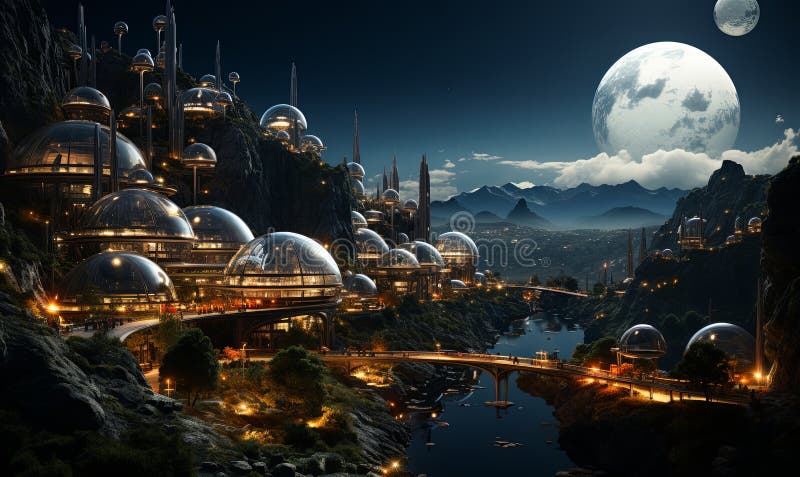 Futuristic City Night Full Moon Stock Photo - Image of evening, moon ...