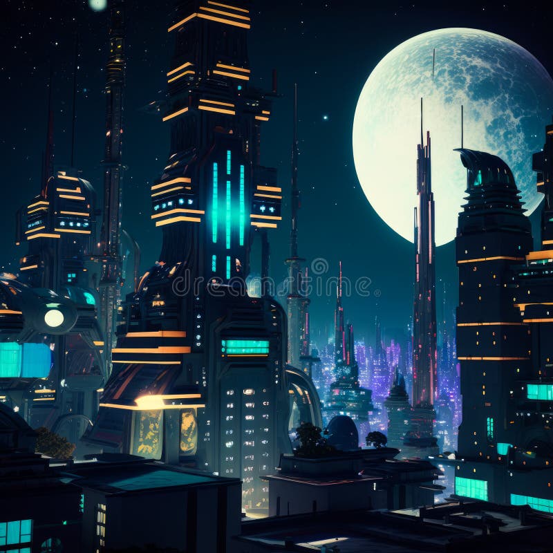 Futuristic City at Night with Full Moon in the Sky. Generative AI Stock ...