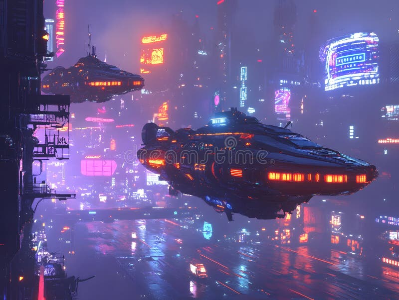 A Futuristic City at Night with Glowing Neon Lights Stock Illustration ...