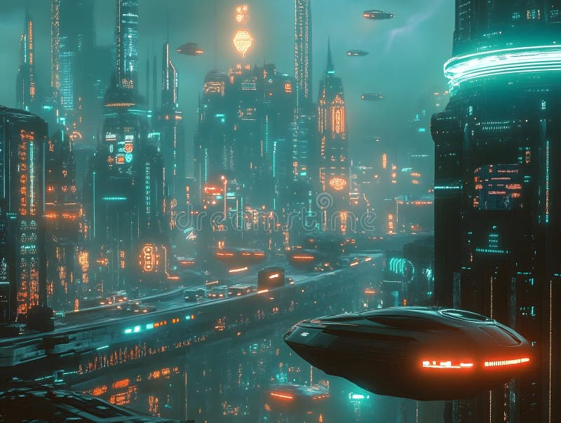 A Futuristic City at Night with Glowing Neon Lights Stock Illustration ...