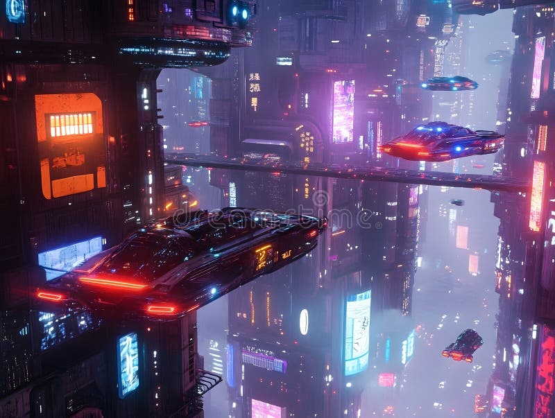 A Futuristic City at Night with Glowing Neon Lights Stock Illustration ...