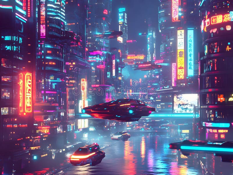 A Futuristic City at Night with Glowing Neon Lights Stock Illustration ...