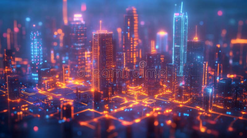 Futuristic City at Night with Glowing Neon Lights Stock Illustration ...