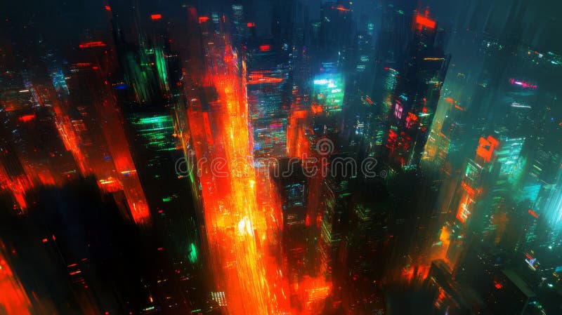 Futuristic City at Night with Glowing Neon Lights and Fire Stock ...