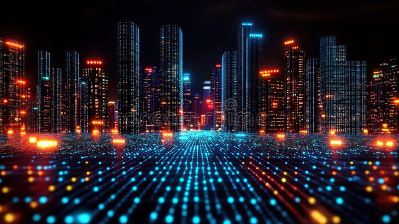 Futuristic City at Night with Glowing Pathways Stock Illustration ...