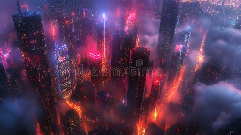 Futuristic City at Night with Glowing Skyscrapers Stock Illustration ...