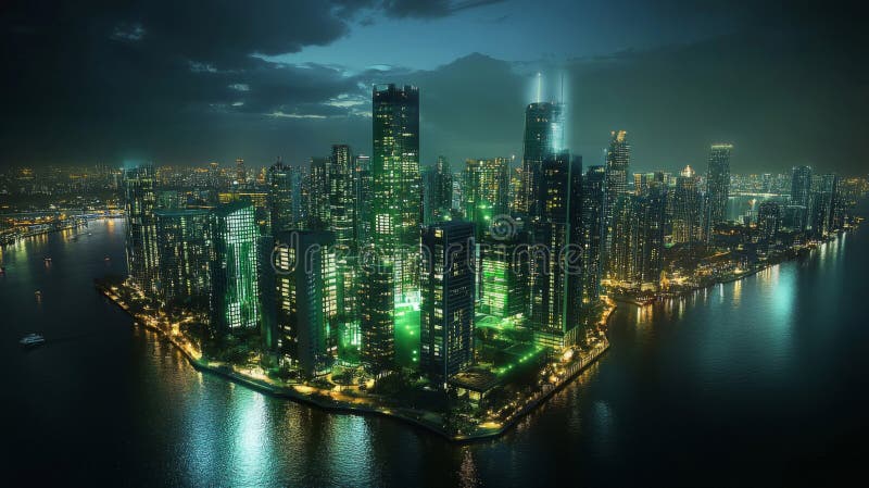 Futuristic City at Night with Green Glowing Lights Stock Illustration ...