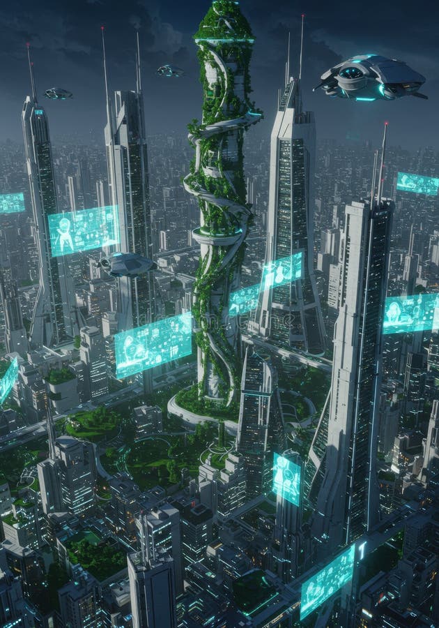 Futuristic City at Night with Green Tower and Flying Vehicles Stock ...