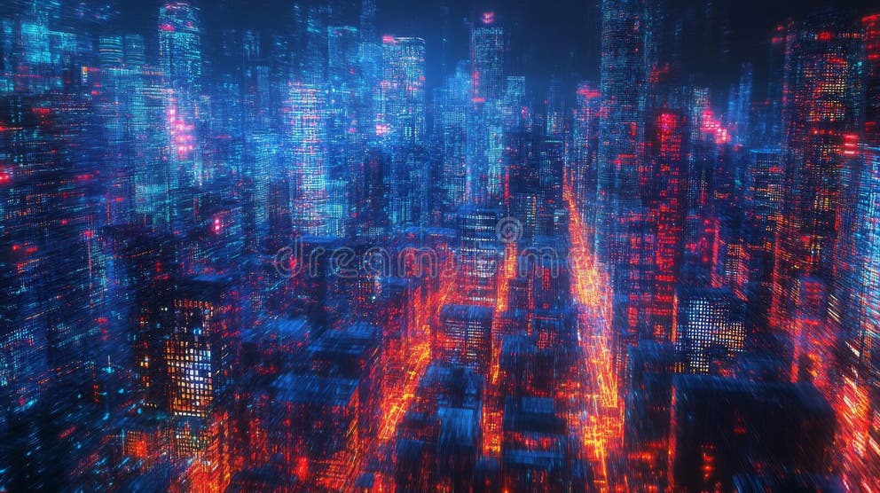 Futuristic City Night Lightscape with Red and Blue Glowing Pixels Stock ...
