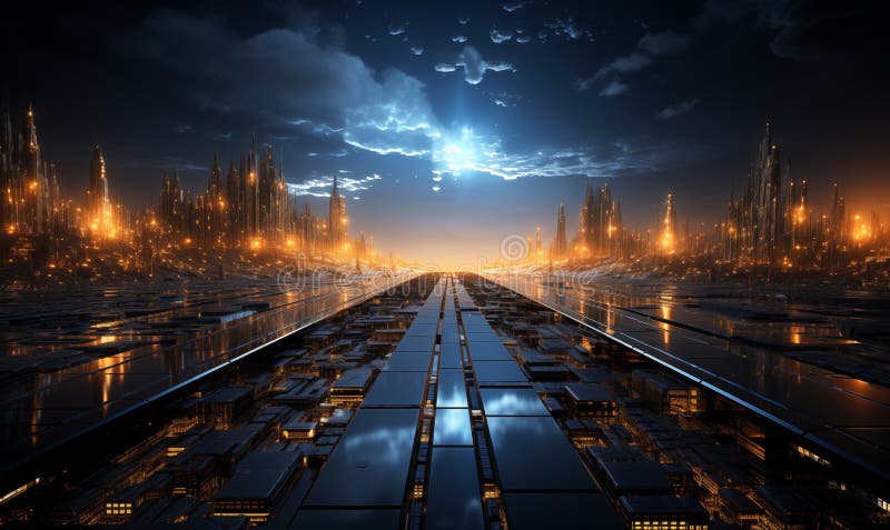 Futuristic City at Night with a Lot of Lights. 3d Rendering. Stock ...