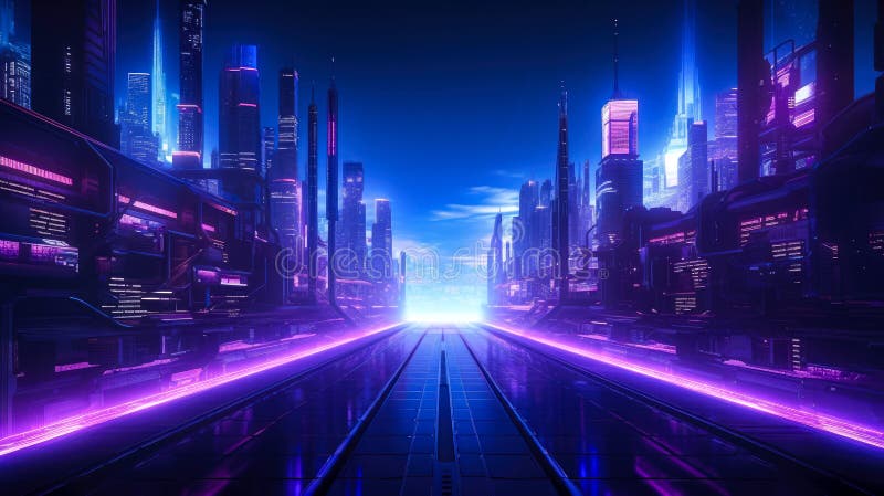 Futuristic City at Night with Neon Lights Stock Photo - Image of view ...