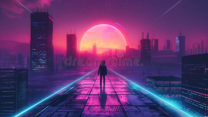 Futuristic City at Night with Neon Lights and Big Moon Stock ...