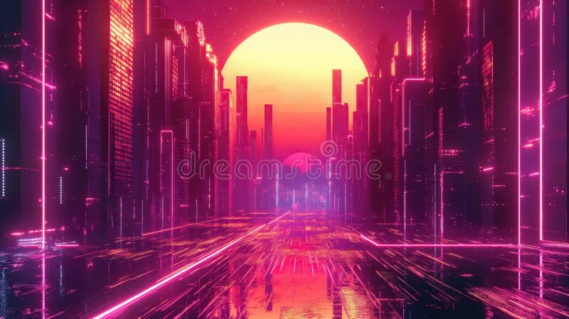 Futuristic City at Night with Neon Lights and Big Moon Stock ...
