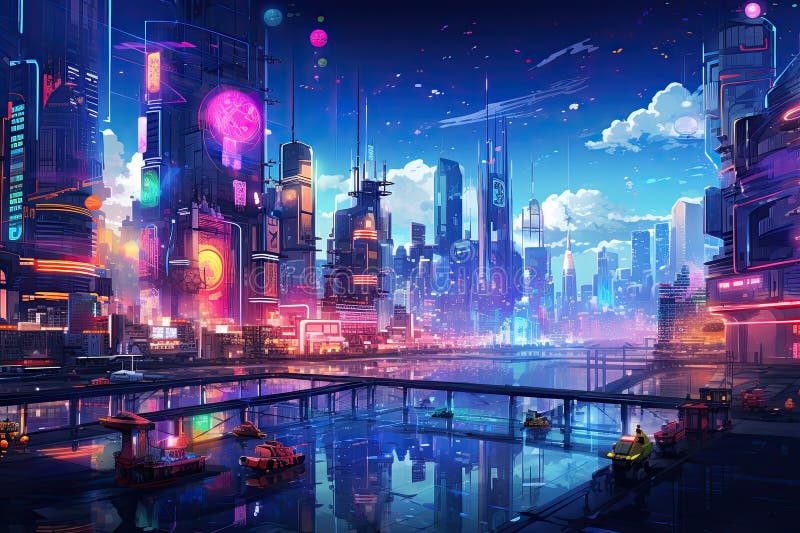 Futuristic City at Night with Neon Lights. 3d Rendering, AI Generated ...
