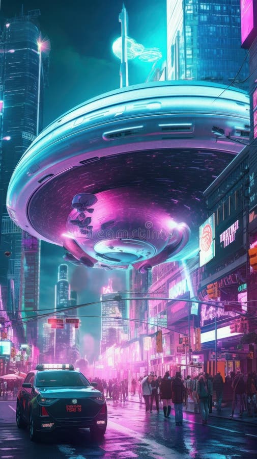 A Futuristic City at Night with Neon Lights. Generative AI Image. Stock ...