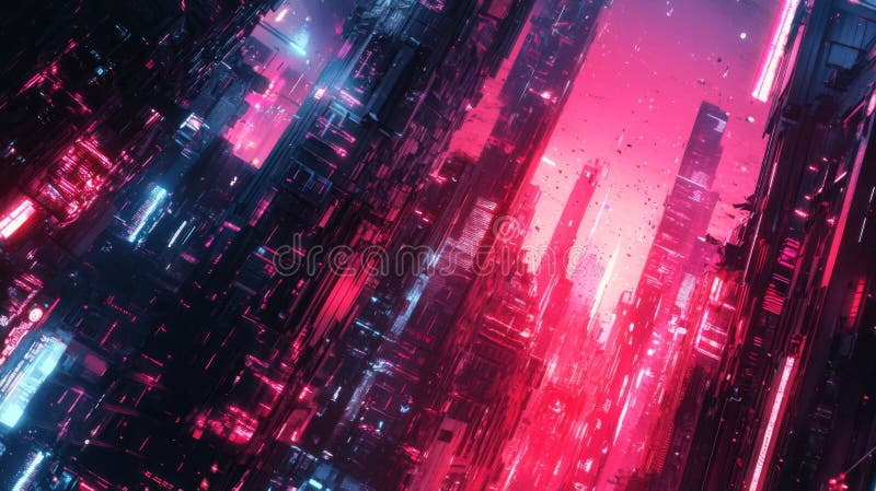 Futuristic City at Night Pink and Blue Neon Lights Stock Illustration ...