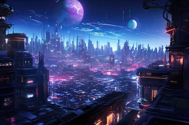 Futuristic City at Night with Planet and Stars. 3d Rendering, AI ...