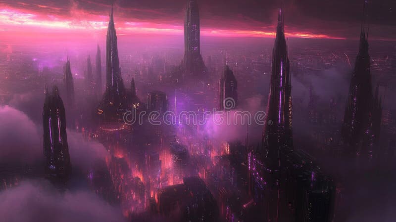 Futuristic City at Night with Purple and Pink Glow Stock Illustration ...