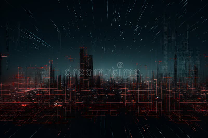 Futuristic City at Night with Red Lights Stock Illustration ...