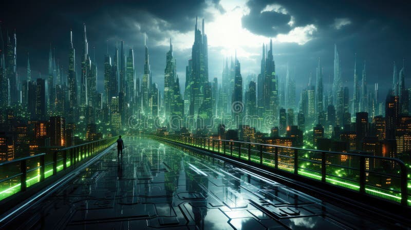 Futuristic City at Night with Road and Lights Stock Illustration ...