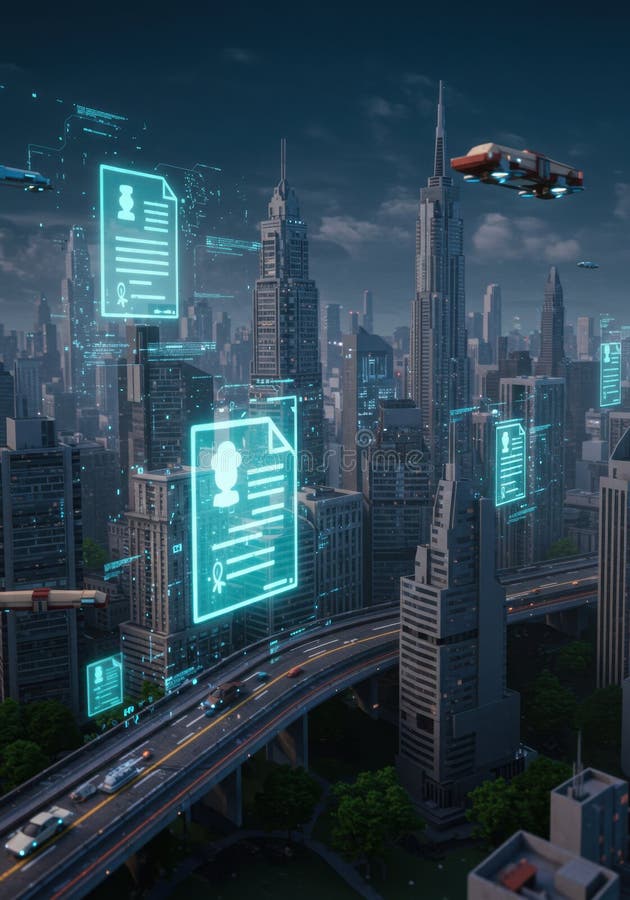 Futuristic City Night Scene with Neon Lights and Flying Vehicles Stock ...