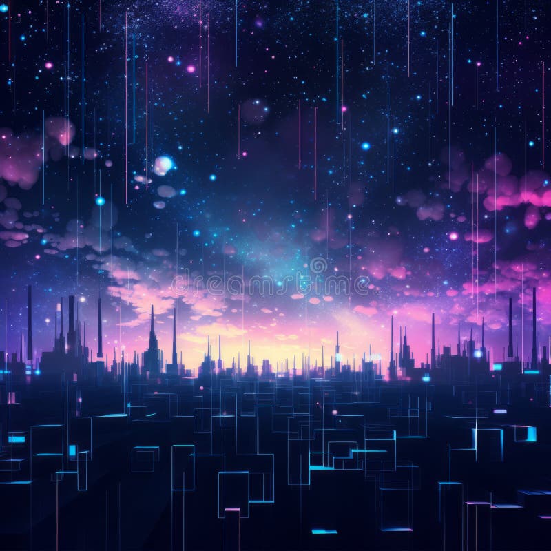 Futuristic City in the Night Sky with Stars Stock Illustration ...