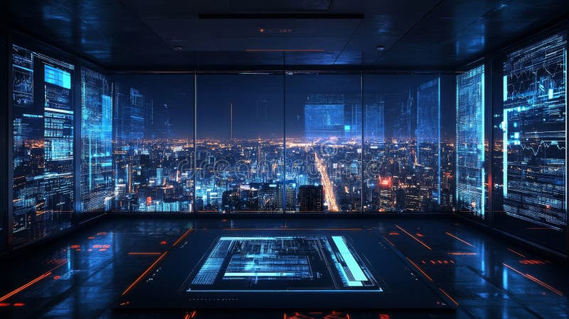 Futuristic City Night View from High Tech Office Stock Illustration ...
