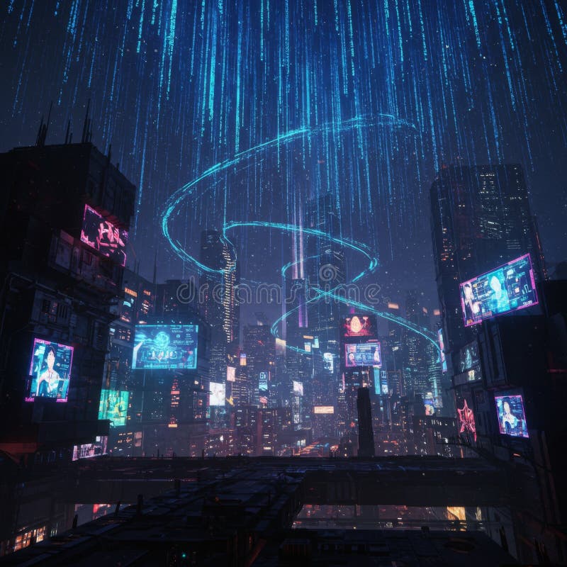 Futuristic City Nightscape with Digital Rain Stock Illustration ...
