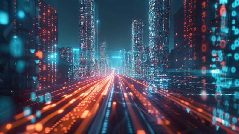 Futuristic City Nightscape stock illustration. Illustration of vehicles ...