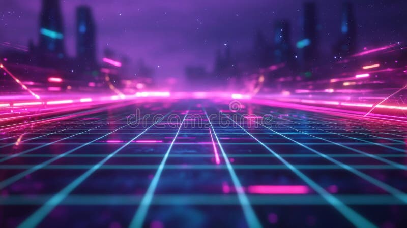 Futuristic City Nightscape with Glowing Grid and Neon Lights Stock ...