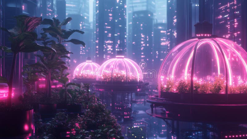 Futuristic City Nightscape with Glowing Pink Domes and Plants Stock ...
