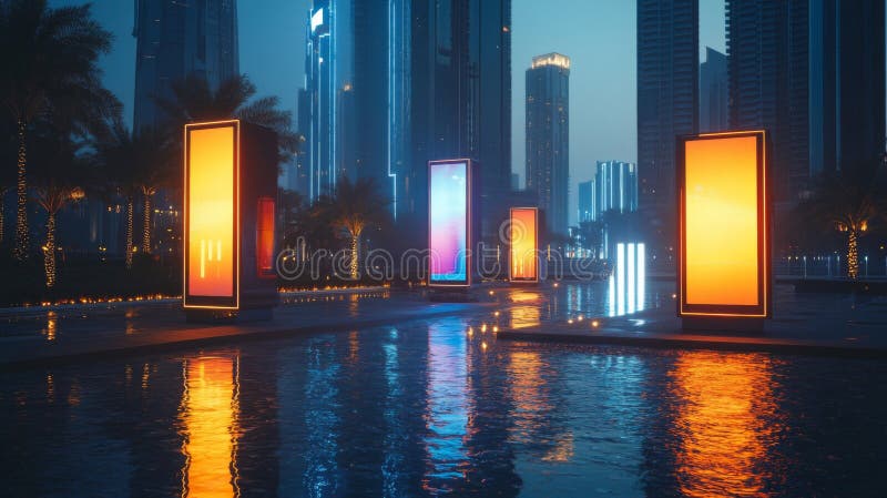 Futuristic City Nightscape with Illuminated Digital Signage Stock ...