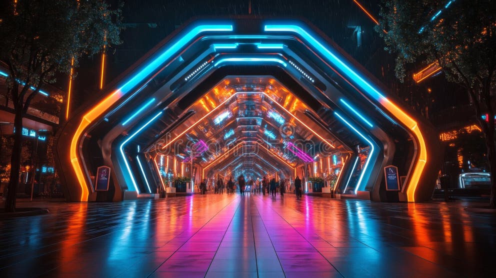 Futuristic City Nightscape with Neon Lights and Reflective Pathway ...