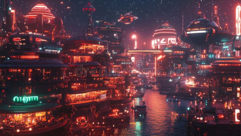 Futuristic City Nightscape with Neon Lights and Snow Stock Illustration ...