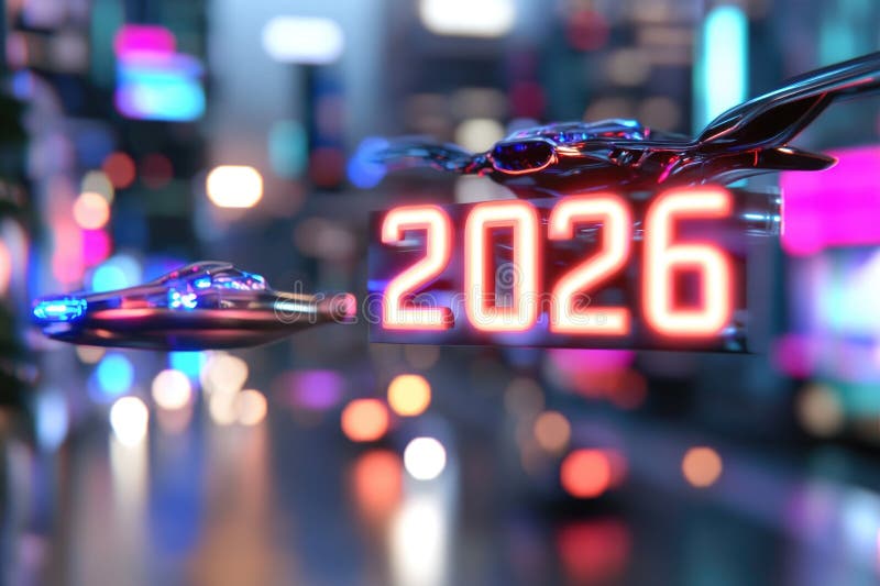 Futuristic City Nightscape with Neon 2026 Sign and Blurred Traffic ...