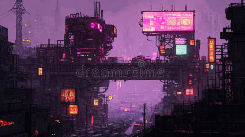 Futuristic City Nightscape: Purple Neon Lights and Pixelated ...