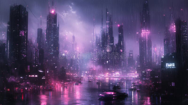 Futuristic City Nightscape: Purple Neon Lights and Rain Stock ...
