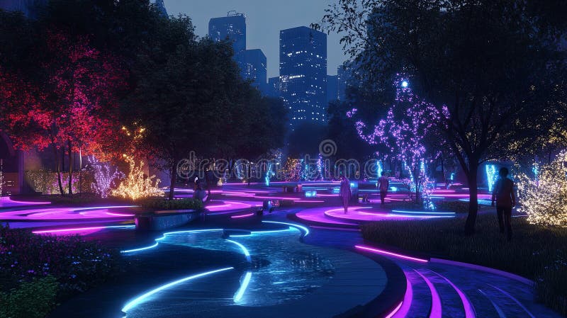 A Futuristic City Park with Glowing Pathways and Interactive Public ...