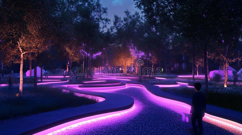 A Futuristic City Park with Glowing Pathways and Interactive Public ...