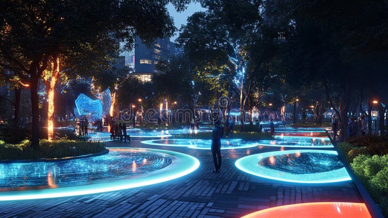 A Futuristic City Park with Glowing Pathways and Interactive Public ...