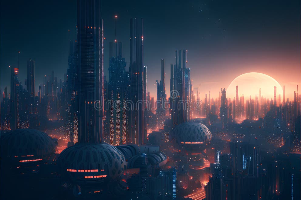 Futuristic City and Planet at Night. 3D Rendering Stock Illustration ...