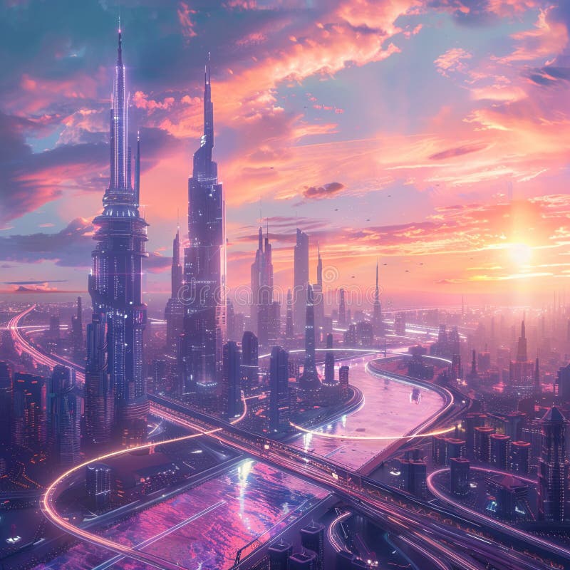 Futuristic City Powered by Clean Energy, Dawn Light, Wide Angle ...