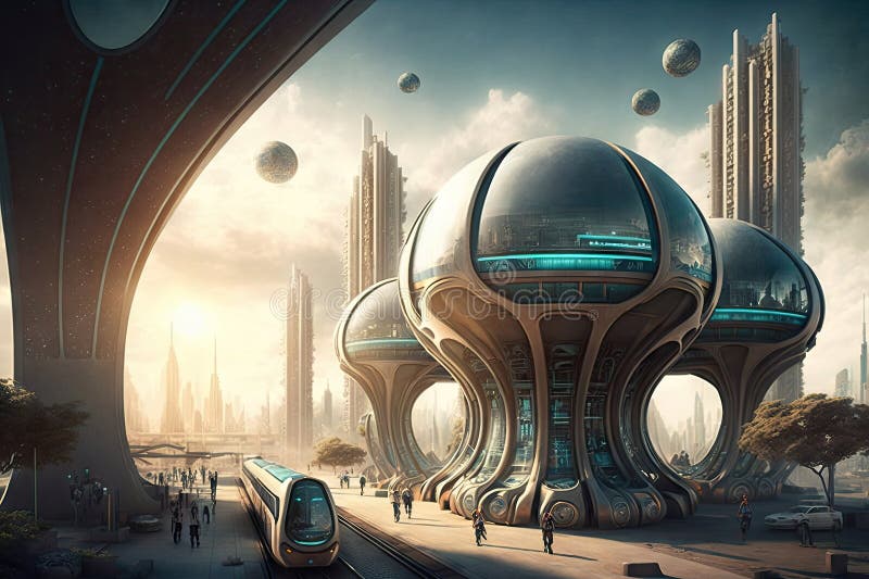 Futuristic City, with Public Transportation Pod System that Runs Above ...