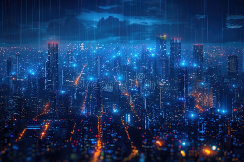 Futuristic City at Rainy Night with Glowing Lights, Blurred Background ...