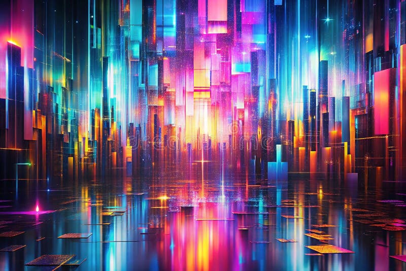 Futuristic City Reflection, Vibrant Colors, Digital Art, Glowing ...