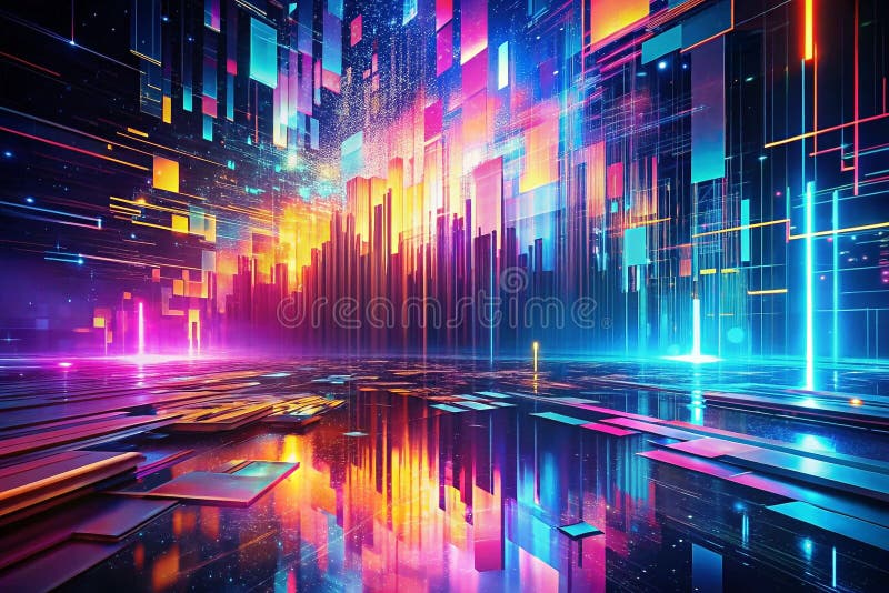 Futuristic City Reflection, Vibrant Neon Lights, Digital Architecture ...