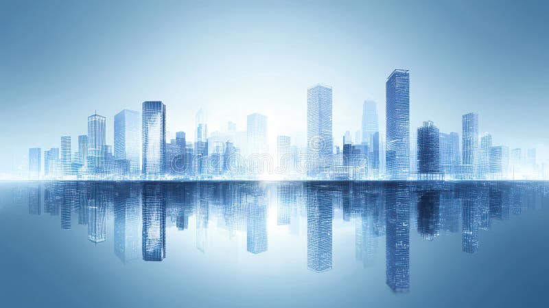 Futuristic Cityscape Reflection: Azure Skyline and Serene Still Water ...