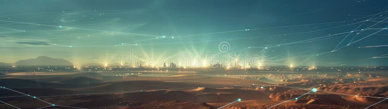 A Futuristic City Rising from a Desert Landscape, Illuminated by a Web ...