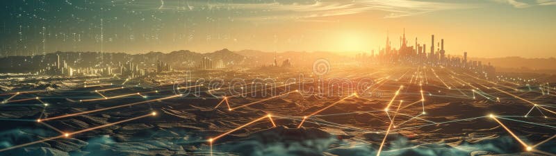A Futuristic City Rising from a Desert Landscape, Illuminated by a Web ...